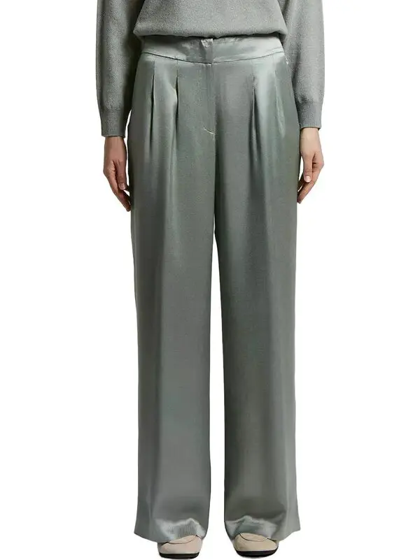 Peserico Pleat-detail Satin-finish Wide Leg Trousers - Green
