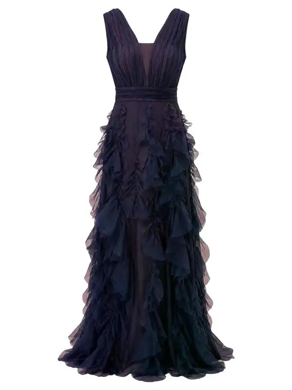 Marchesa Ruffled Silk-organza Maxi Gown - Blue
