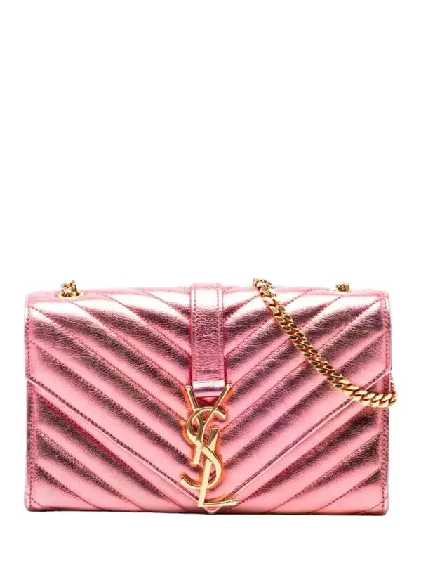Saint Laurent Small Chevron Metallic Calfskin Monogram Envelope Bag Crossbody - Pink