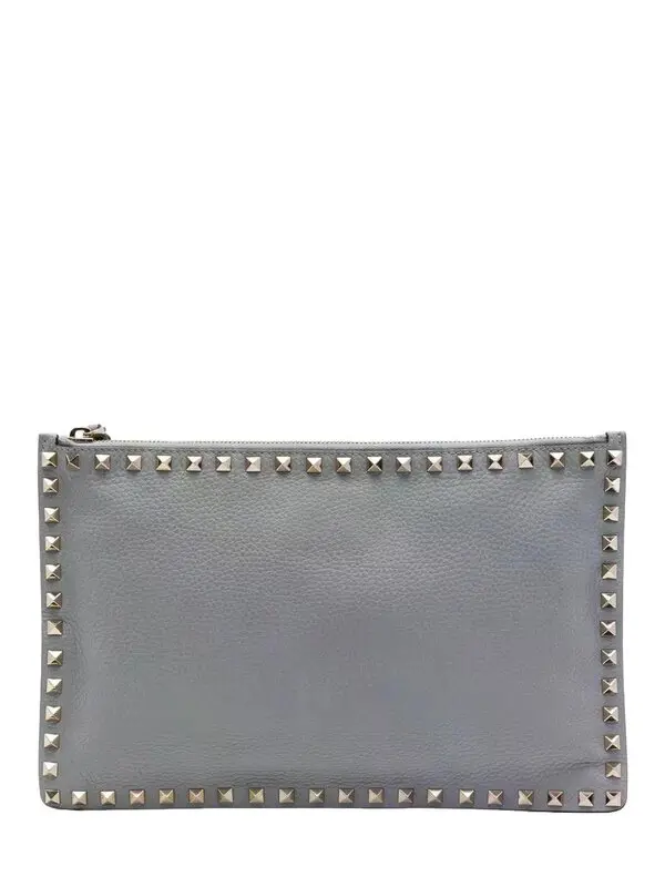 Valentino Garavani Grained Calfskin Rockstud Zip Clutch Bag - Grey