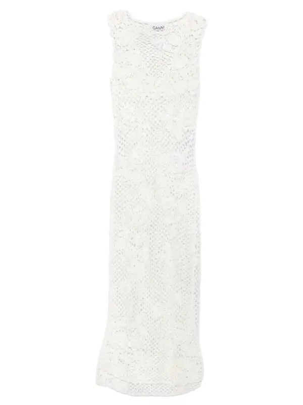 GANNI Crochet Knit Maxi Dress With Floral Appliqu - White