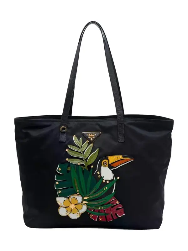 Prada Saffiano Trimmed Tessuto Parrot Applique Tote Bag - Black