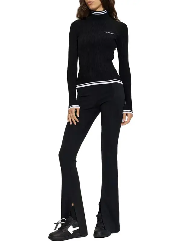 Off-White Ribbed Turtleneck Long Sleeve Top With Stripe Trim - Black