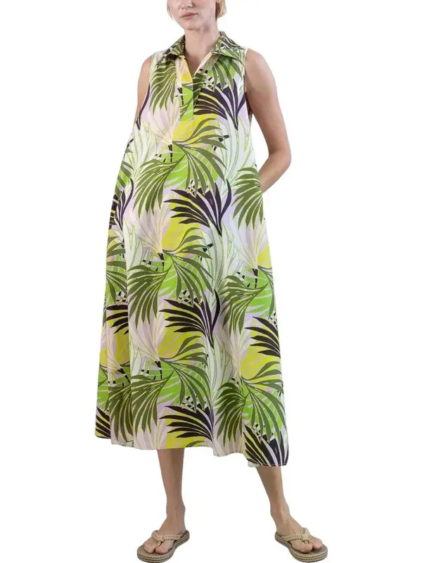 PSOPHIA Palm-print Cotton Midi Dress - Neutrals