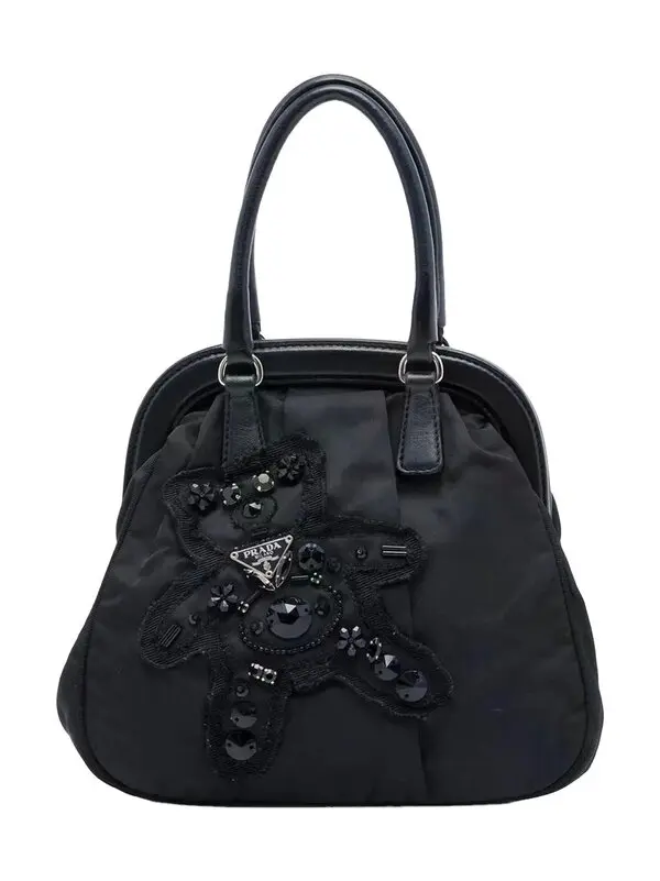 Prada Beaded Tessuto Evening Bear Frame Handbag - Black