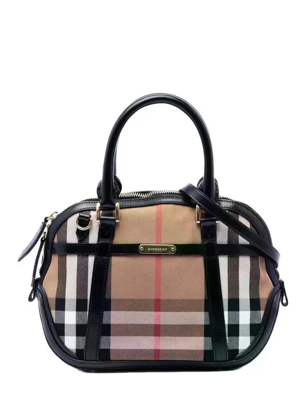 Burberry Leather Trimmed House Check Canvas Bridle Orchard Satchel - Brown