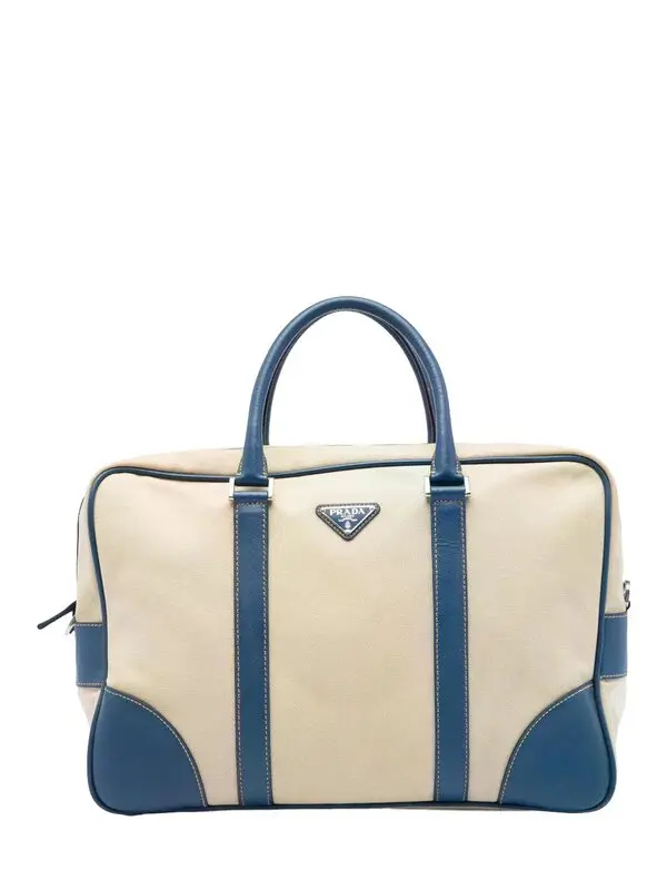 Prada Saffiano Trimmed Canvas Briefcase Business Bag - Neutrals
