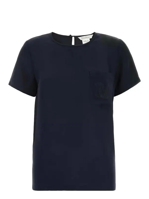 Max Mara Silk Crewneck T-shirt With Embroidered Pocket - Blue