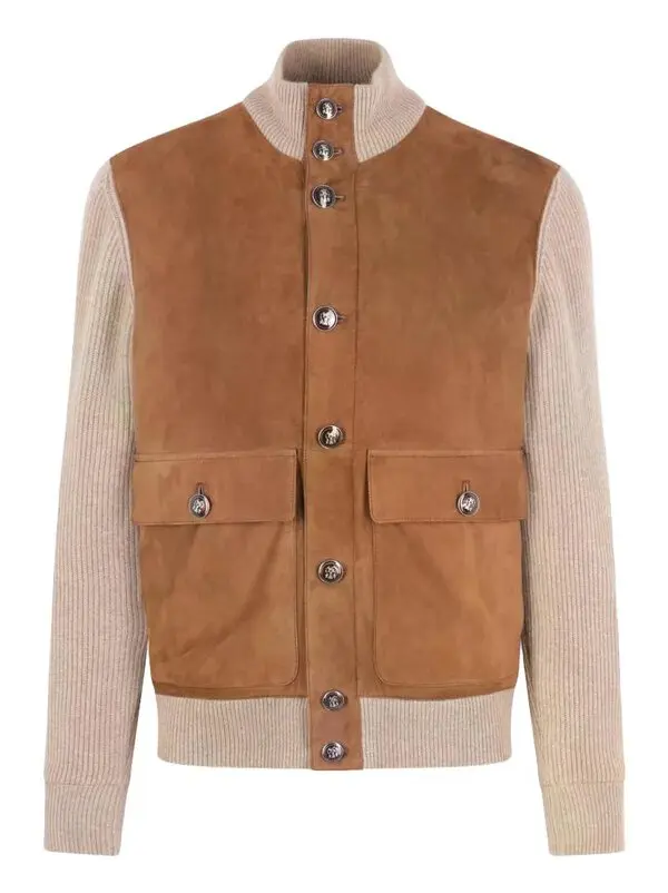 Brunello Cucinelli Suede And Ribbed Knit Cardigan - Neutrals