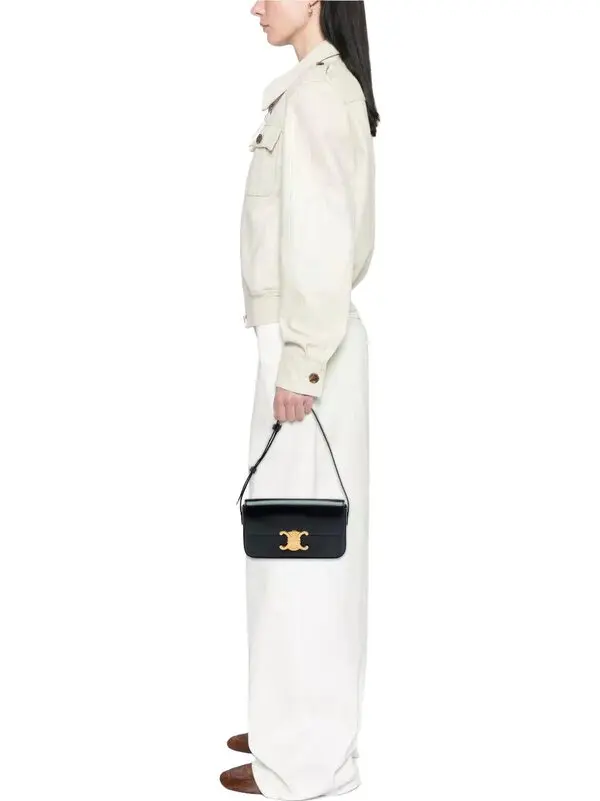 Celine Shiny Calfskin Triomphe Claude Shoulder Bag - Black