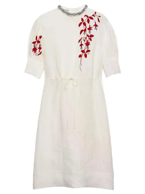 Prada Embroidered Linen Midi Dress With Crystal Embellishments - Neutrals