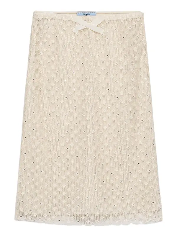Prada Embroidered Lace Midi Skirt With Stone Embellishment - Neutral