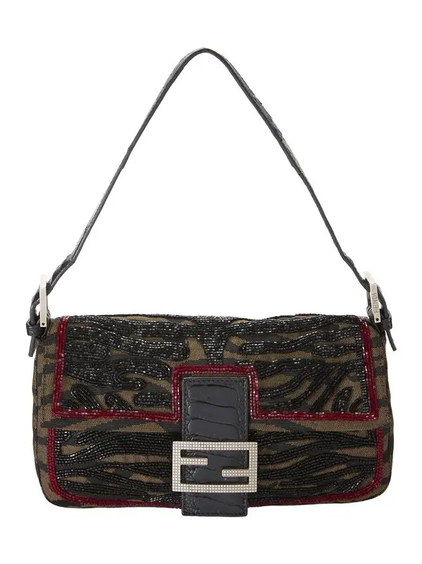 Fendi Embellished Zucca Canvas Baguette Shoulder Bag - Black