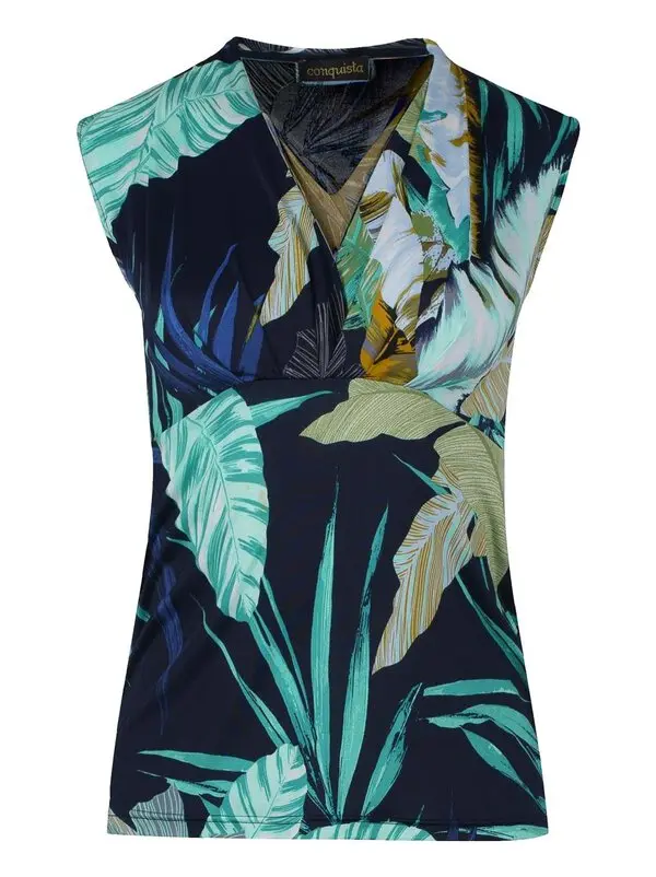 CONQUISTA Sleeveless V-neck Jersey Top With Faux Wrap Front - Blue