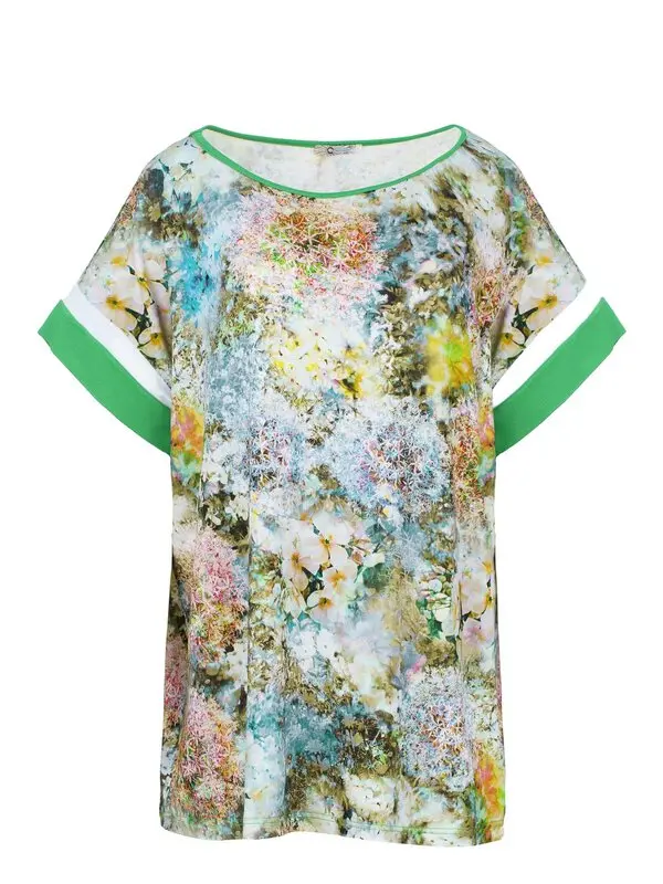 CONQUISTA Floral Stretch Jersey Short Sleeve Top - Green