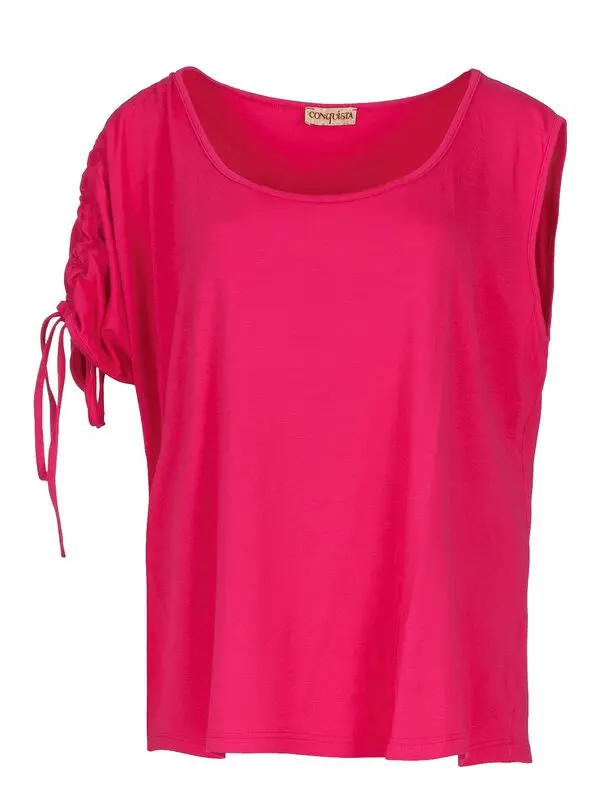 CONQUISTA Asymmetrical Top With Drawstring Sleeve Detail - Red
