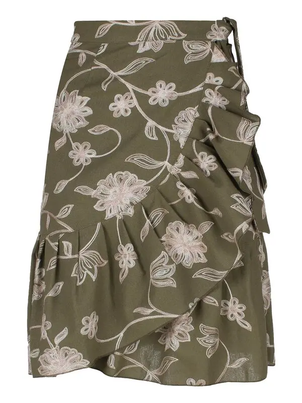 CONQUISTA Embroidered Floral Wrap Ruffle Skirt - Green