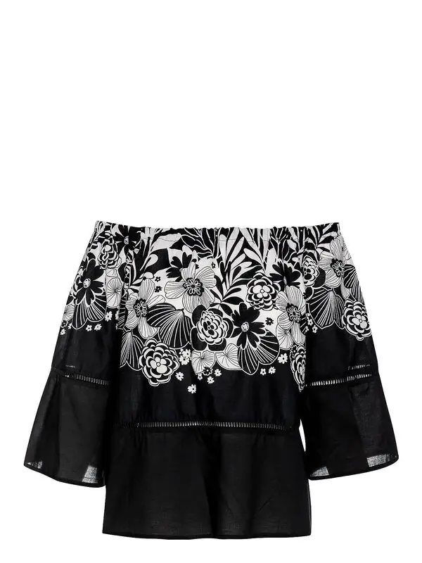 CONQUISTA Floral Bell Sleeve Off-the-shoulder Top - Black