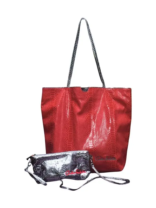 Carlos Falchi Microfiber Python Tote With Silver Pouch - Red