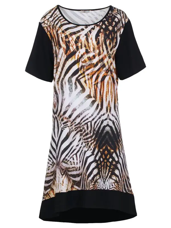 CONQUISTA Short Sleeve Tiger Print A-line Dress - Black