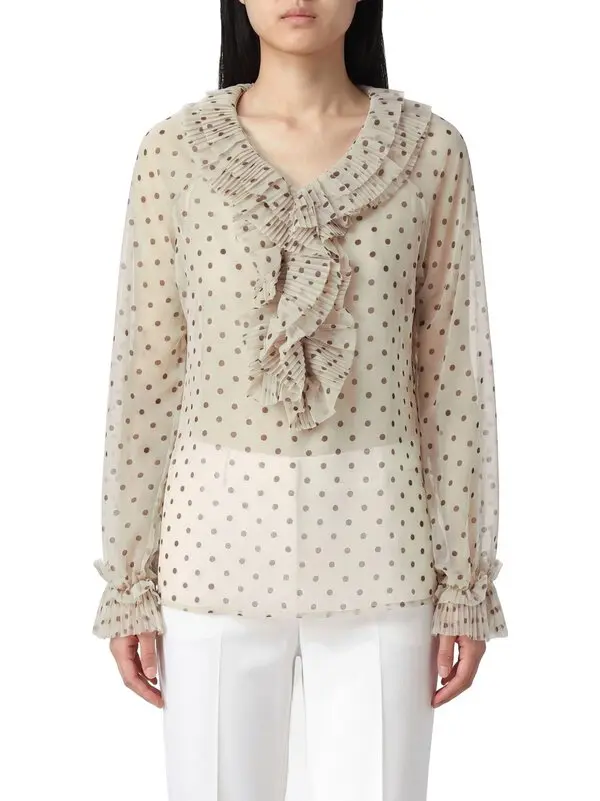 PAROSH P.a.r.o.s.h. Embroidered Polka Dot Ruffled V-neck Blouse - Beige
