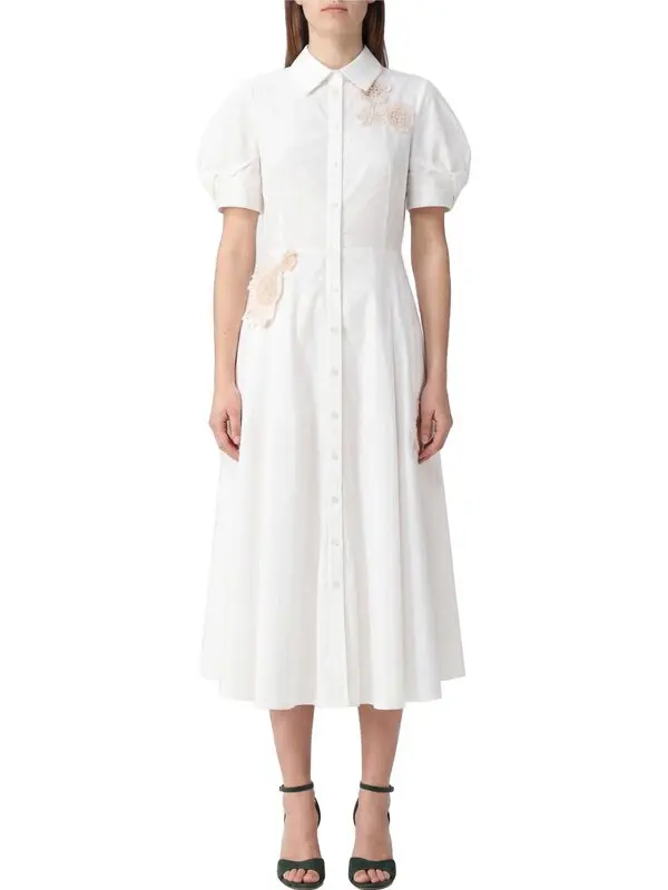 Erdem Cotton Midi Shirt Dress With Puff Sleeves And Macramé Inserts - White