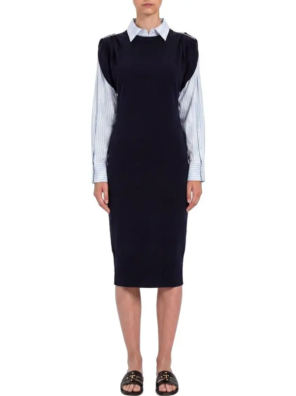TWINSET Sleeveless Midi Dress With Striped Shirt Underlay - Blue