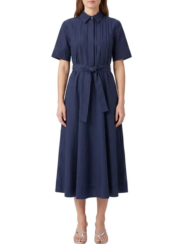 PAROSH P.a.r.o.s.h. Pleated Cotton Midi Shirtdress With Tie-waist Belt - Blue