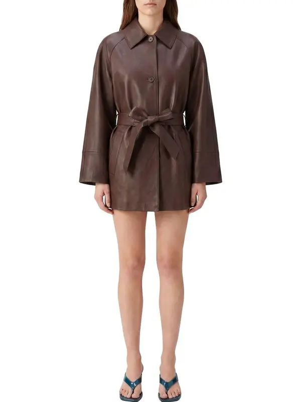 PAROSH P.a.r.o.s.h. Short Lambskin Leather Shirt Jacket With Waist Belt - Brown