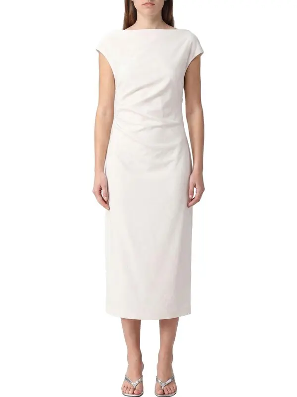 PAROSH P.a.r.o.s.h. Sheath Midi Dress In Cady With Straight Neckline And Ruched Waist - White