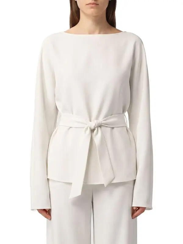 PAROSH Long-sleeved Crêpe Blouse With Tie-waist Sash Belt - White