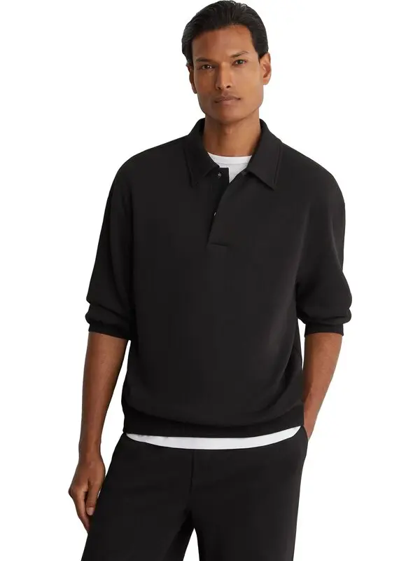 REISS Brooks Premium Interlock Relaxed Polo Sweatshirt - Black