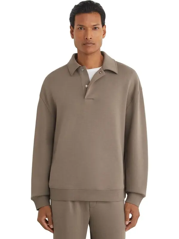 REISS Brooks Premium Interlock Relaxed Polo Sweatshirt - Mushroom Brown