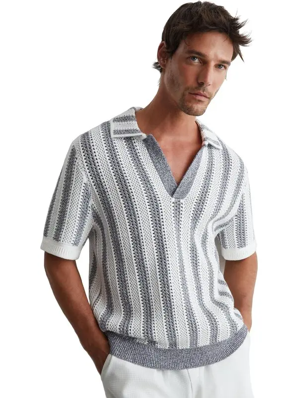 REISS Globe Cotton-blend Crochet Stripe Polo Shirt - Soft Blue/white