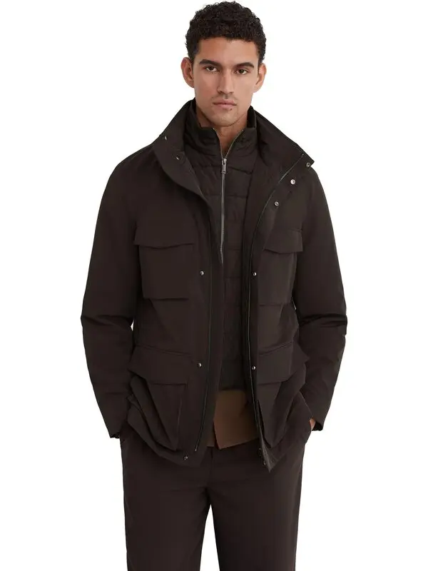 REISS Glick Four-pocket Hooded Jacket With Removable Gilet - Dark Brown