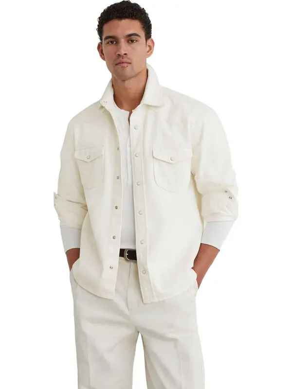 REISS Finley Western Press-stud Denim Overshirt - White
