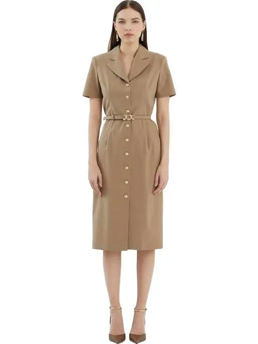 GIZIA Short Sleeve Belted Midi Dress - Beige