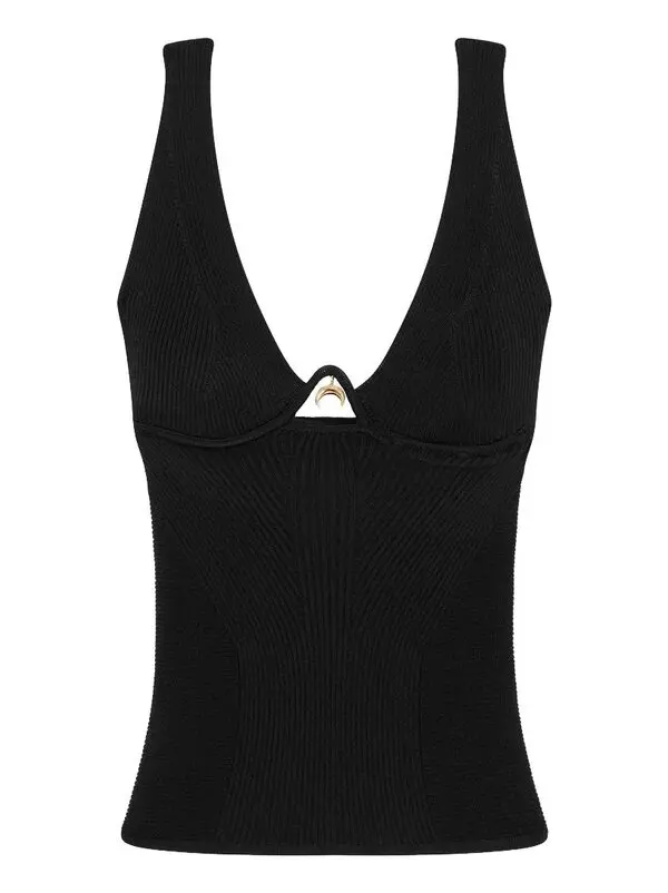 MARINE SERRE Ribbed Knit Deep Neck Tank Top With Moon Pendant - Black
