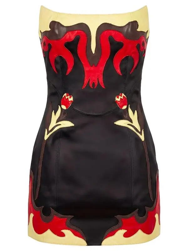 MARINE SERRE Leather Bustier Mini Dress With Floral Appliqués - Black