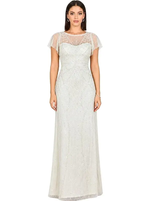 LARA NEW YORK Beaded Flutter Sleeve V-neck Bridal Gown - Ivory