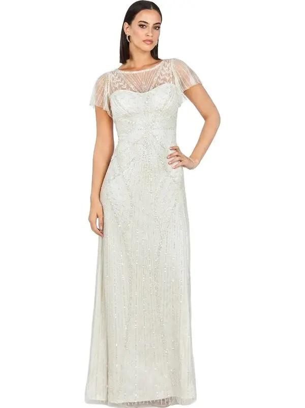 LARA NEW YORK Beaded Flutter Sleeve V-neck Bridal Gown - Ivory