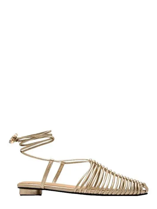 ALTA Leather Strappy Tie Fastening Flat Sandals - Gold
