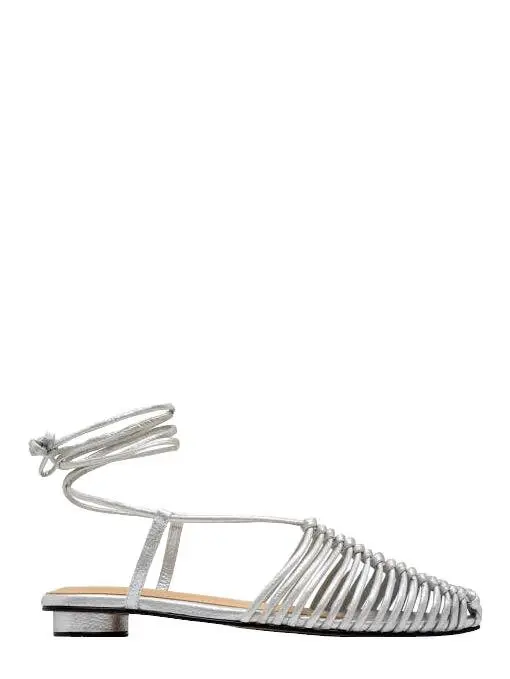 ALTA Leather Strappy Tie Fastening Flat Sandals - Silver