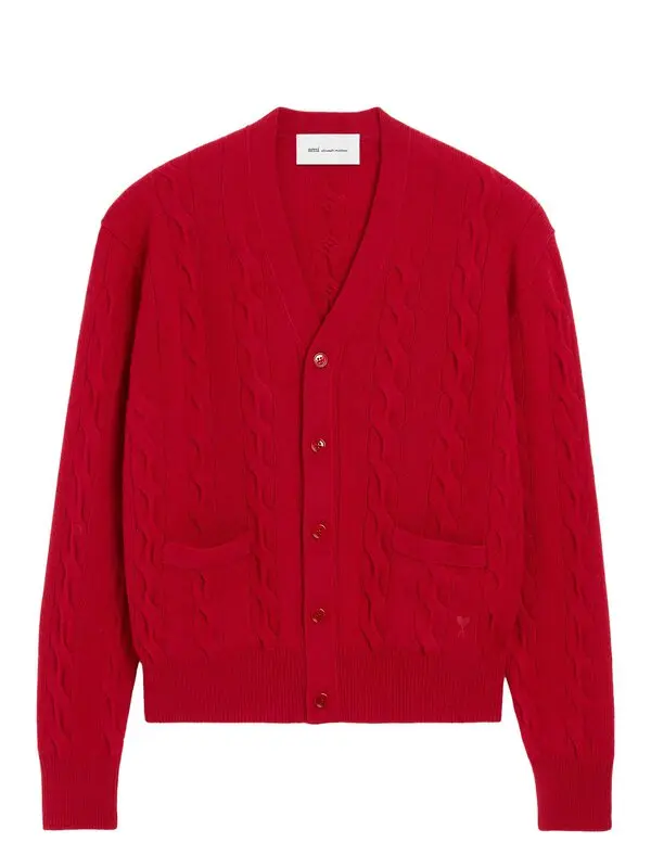 AMI Paris Red Cable Wool Cardigan - Ruby Red