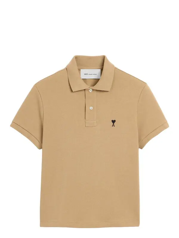 AMI Paris Beige Cotton Polo Shirt With De Coeur Embroidery - Mastic Beige/black