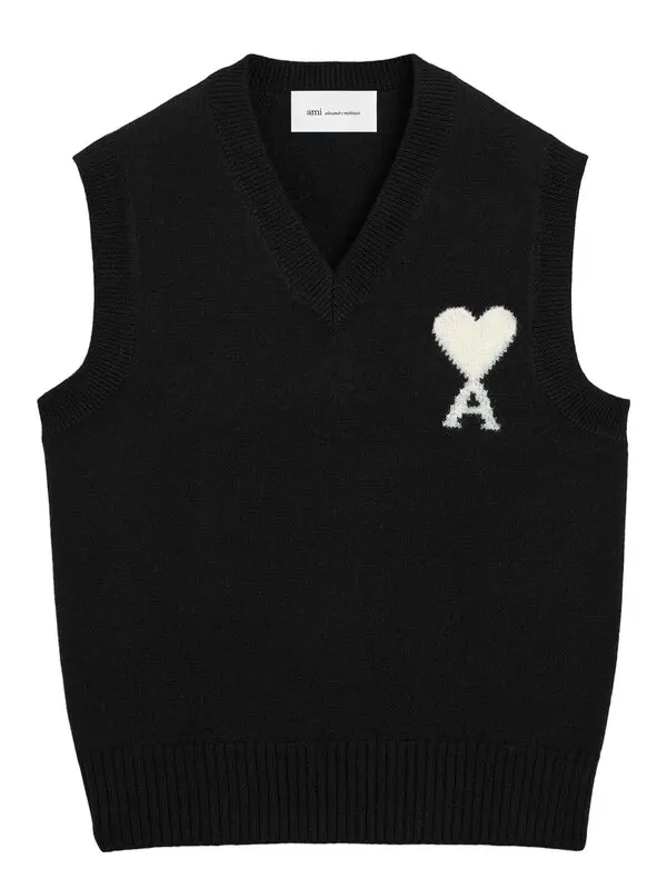 AMI Paris Sleeveless Wool Sweater With De Coeur - Black/off White