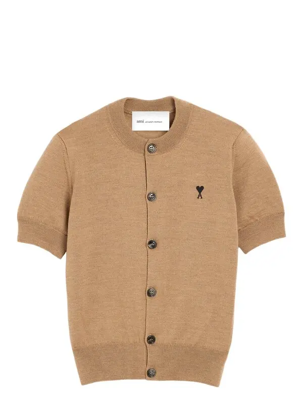 AMI Paris Short Sleeve Cardigan With De Coeur Embroidery - Camel Chine/black