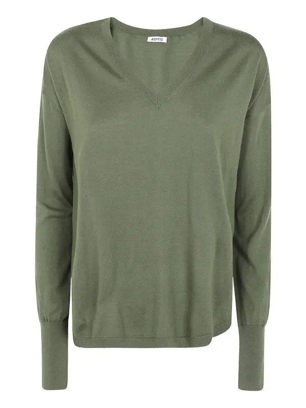 Aspesi Ribbed V-neck Knit Top - Green