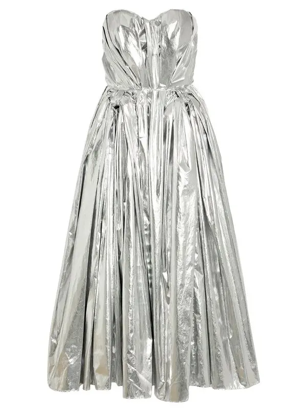 Alexander McQueen Strapless Bow-detailed Metallic Woven Midi Dress - Silver