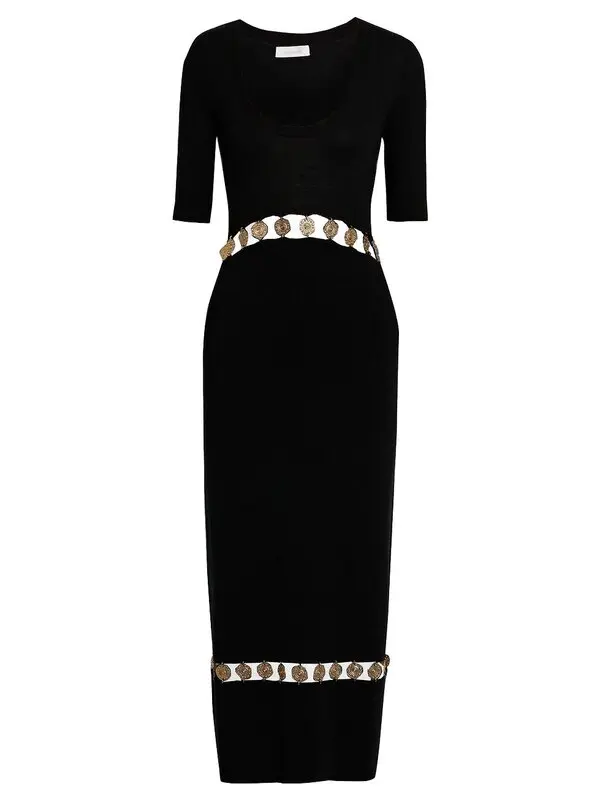 Rabanne Embellished Cutout Wool-blend Midi Dress - Black
